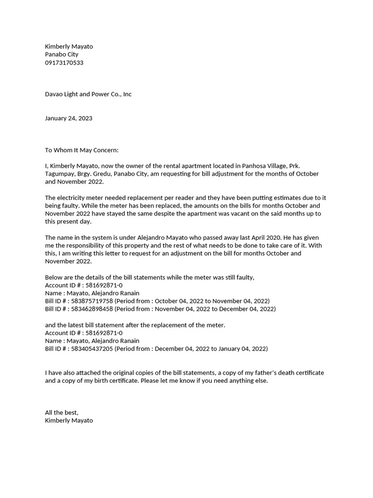 Request for Bill Adjustment | PDF