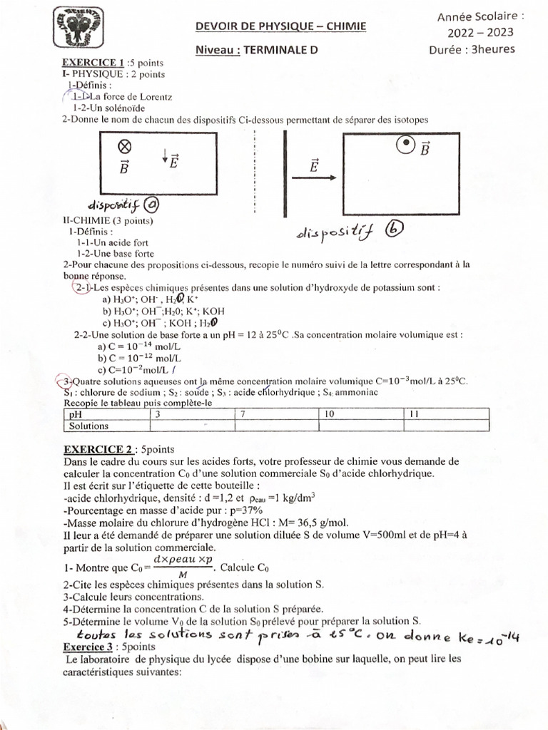 Devoir PC Tle D Lycée Scientifique Yamoussoukro 2023 | PDF