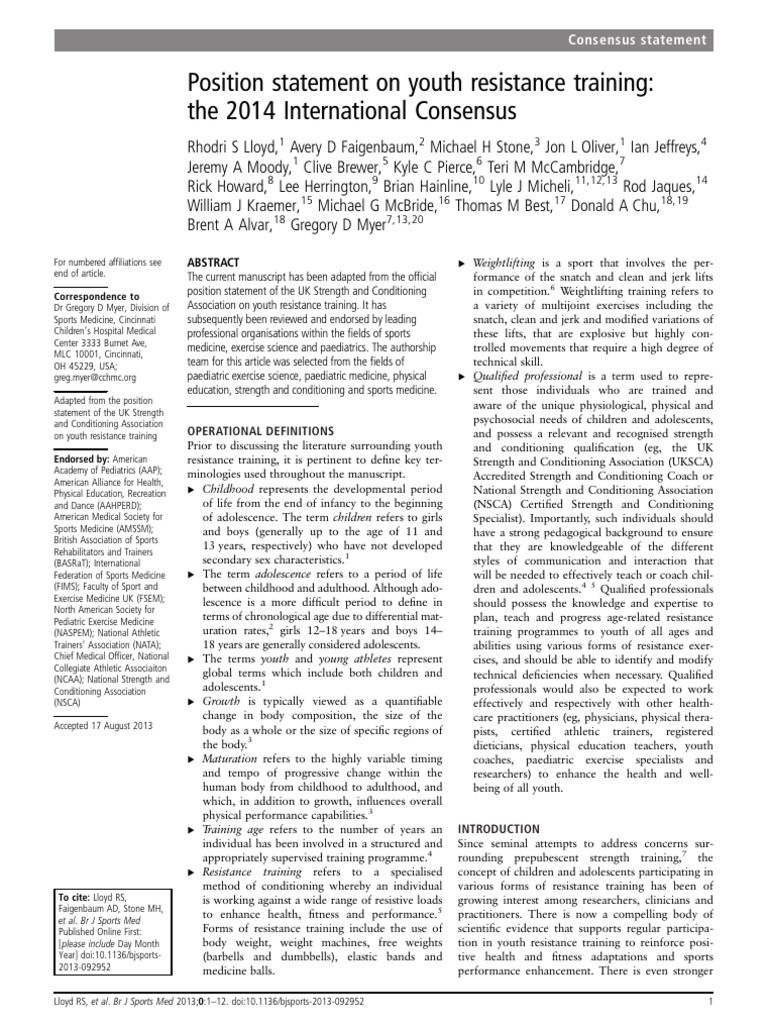 Youth Resistance Training Lloyd Et Al. 2014 | PDF