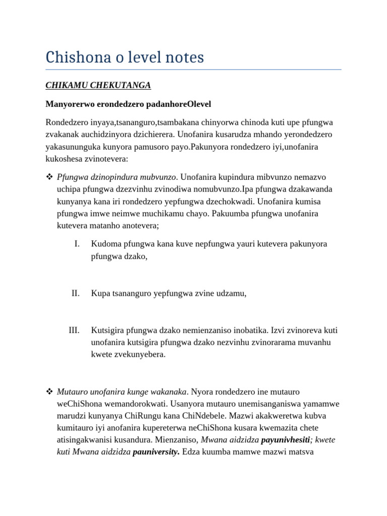 Chishona o Level Notes FINAL | PDF
