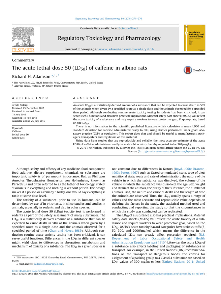 The Acute Lethal Dose 50 LD50 of Caffeine in Albin | PDF