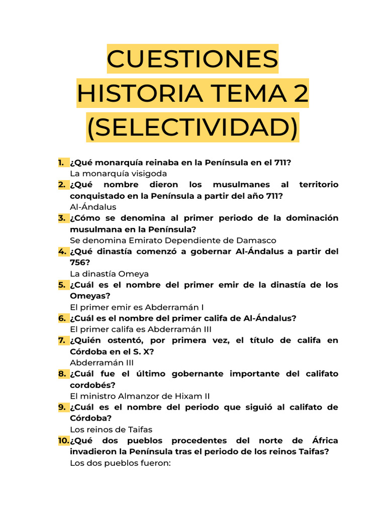 Cuestiones Historia Tema 2 (Selectividad) | PDF