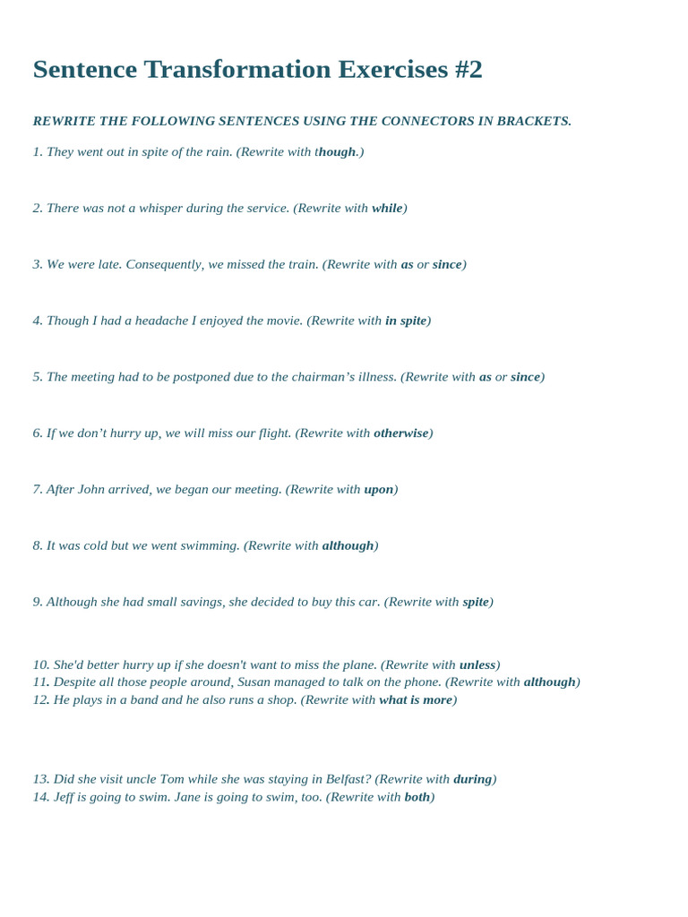 Sentence Transformation Exercise #2 | PDF