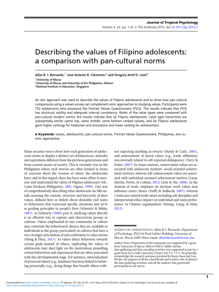 Div Class Title Describing The Values of Filipino Adolescents A ...