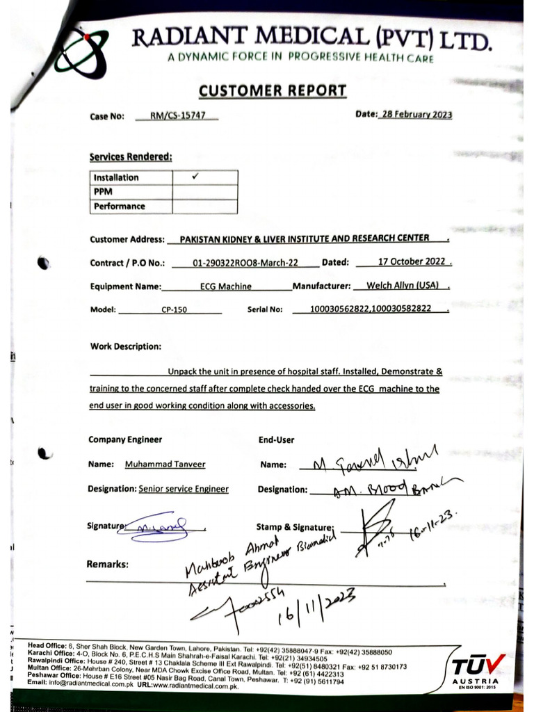BMT Welch Allyn ECG Machine Installation Report 16-11-2023 | PDF