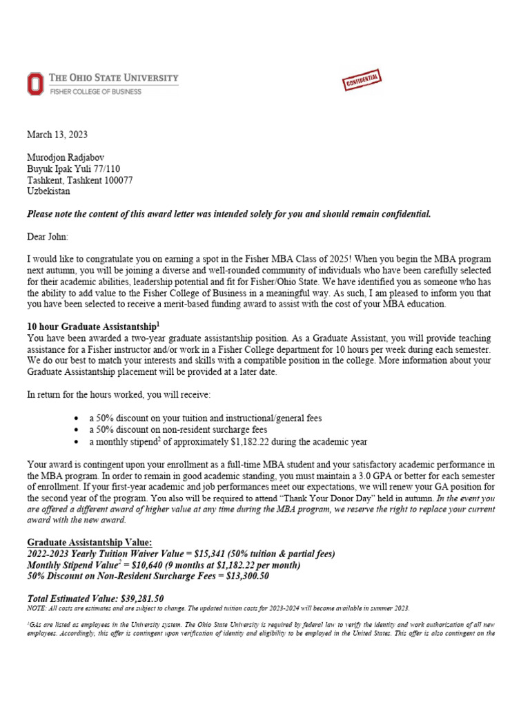 Award Letter - Murodjon Radjabov | PDF