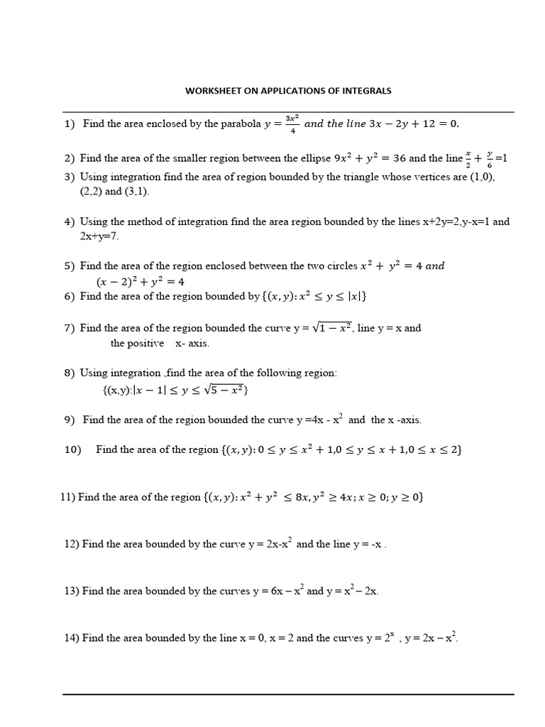 CBSE Worksheets For Class 12 Maths Application of Integrals | PDF