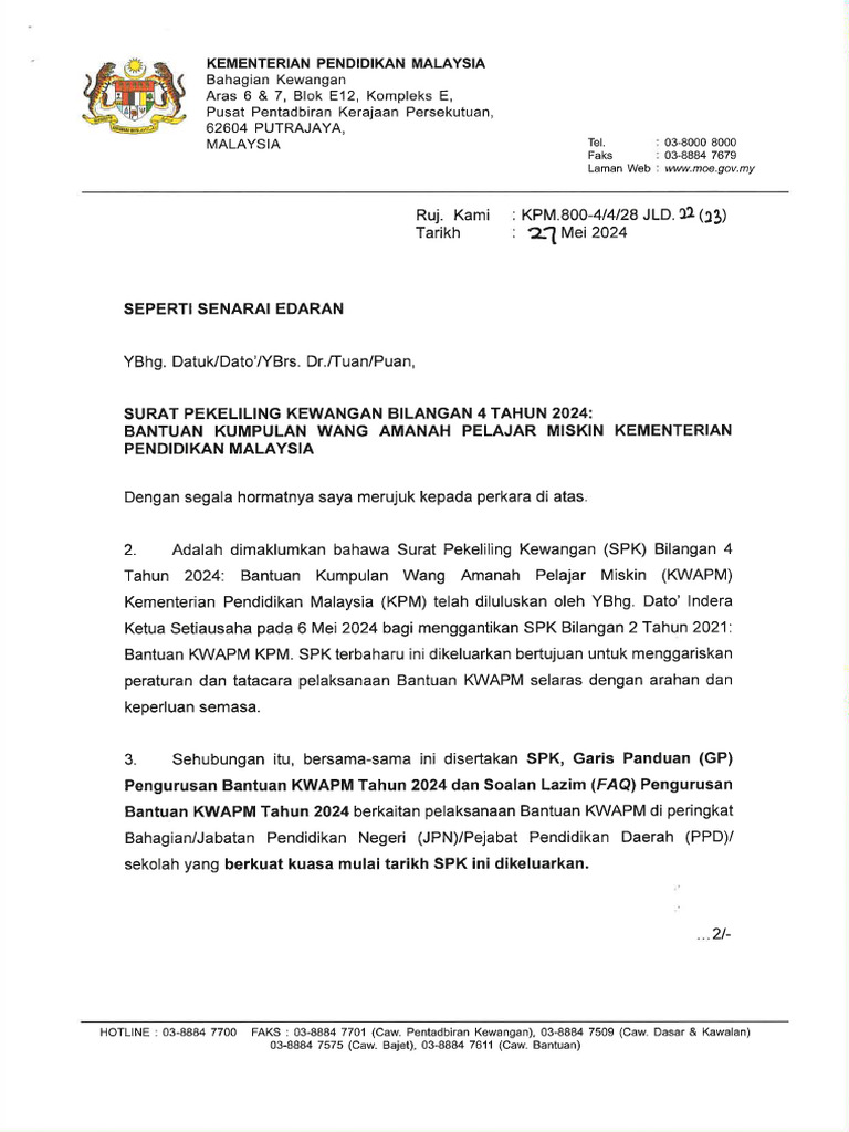 SPK Bil. 4 Tahun 2024 Bantuan Kumpulan Wang Amanah Pelajar Miskin Kementerian Pendidikan ...