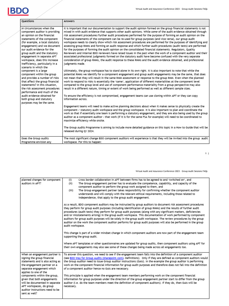Virtual Audit & Assurance Conference 2023 - Group Audit FAQ | PDF
