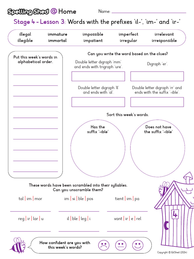 Stage 4 Lesson 3 Words With The Prefixes Il - Im - and Ir - Homework ...