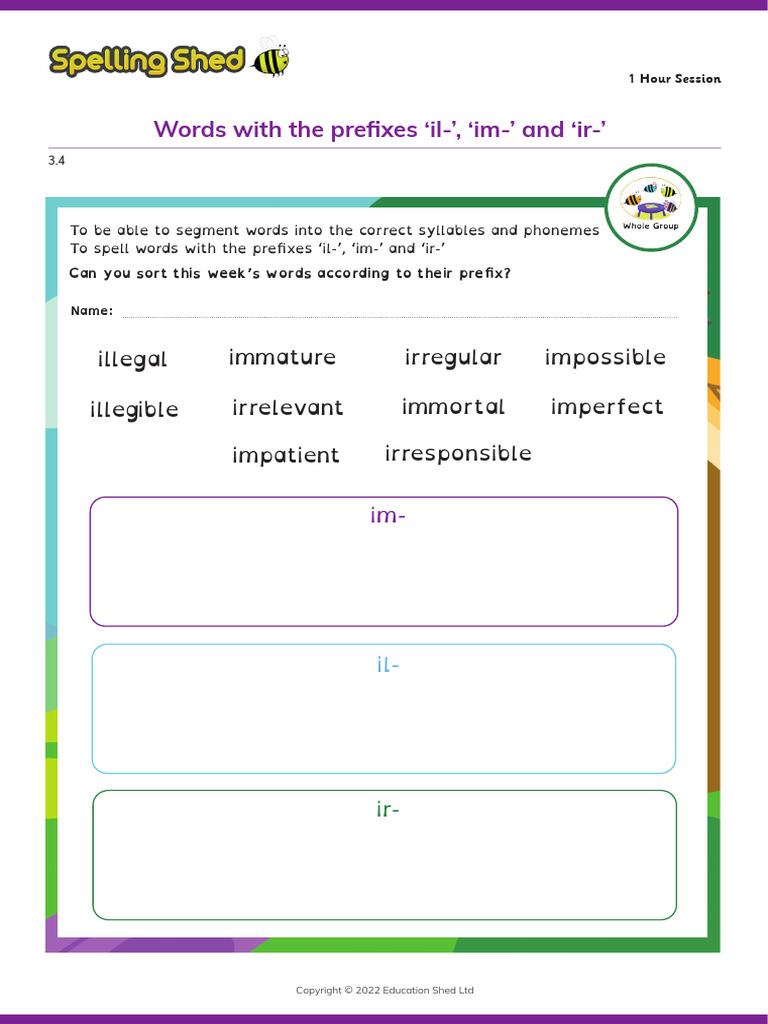 Stage 4 Lesson 3 Words With The Prefixes Il - Im - and Ir - Worksheets ...