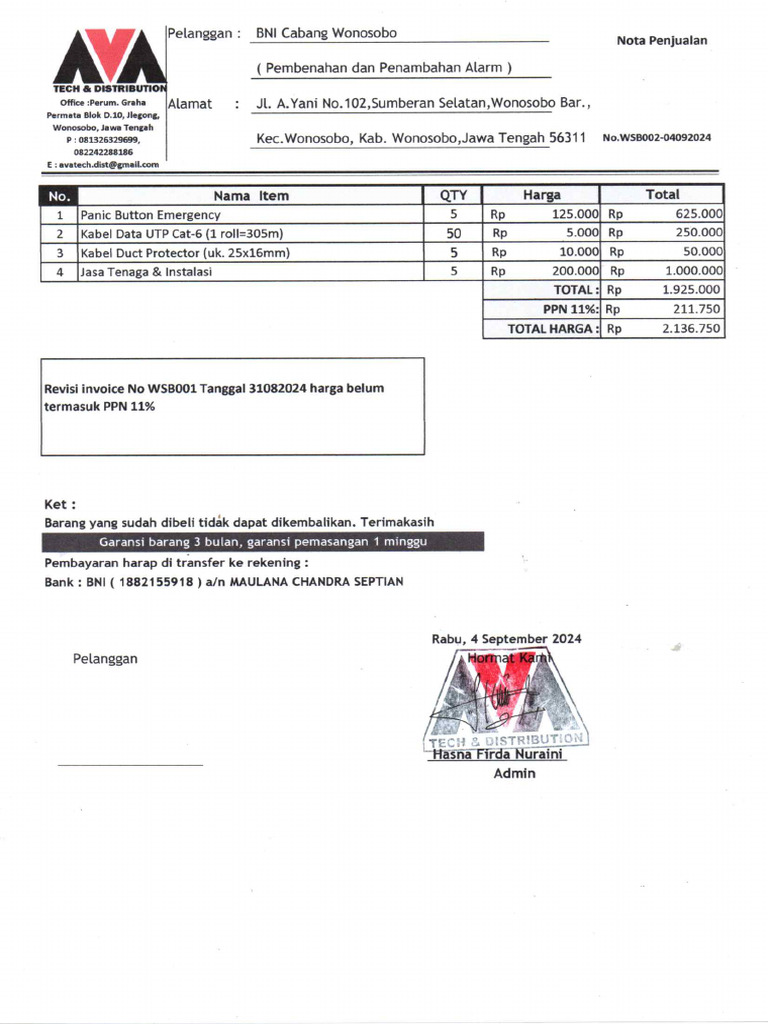 Invoice BNI Wonosobo | PDF