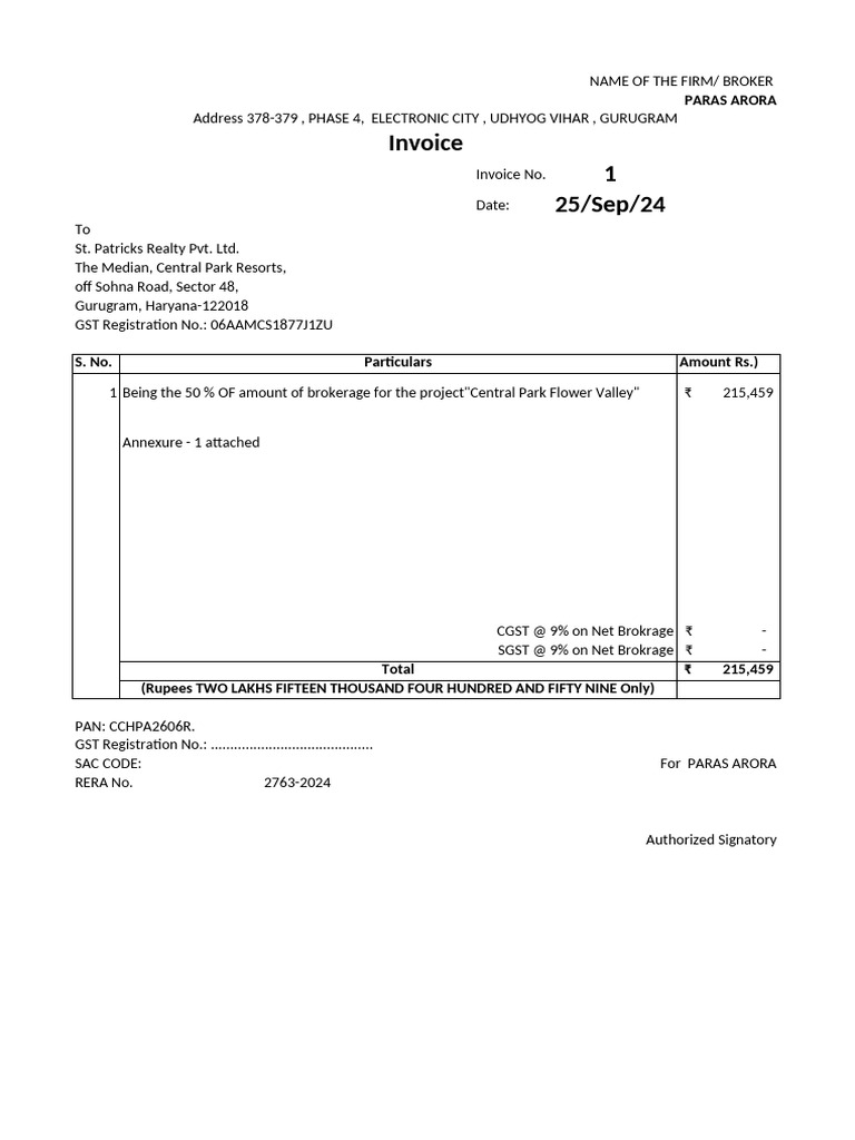 Brokerage Bill Format | PDF
