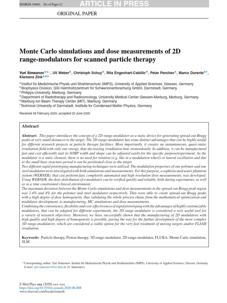 2020.07.00 Simeonov 2D Range Modulator ZMedPhys | PDF | Radiation ...