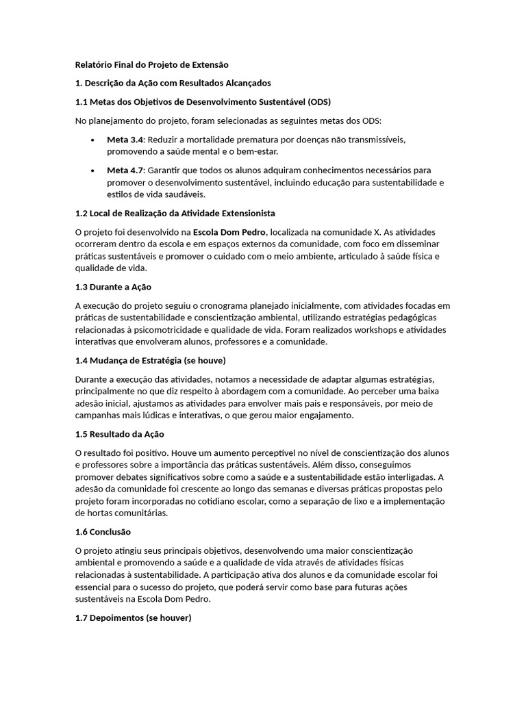 Relatório Final do Projeto de Extensão | PDF