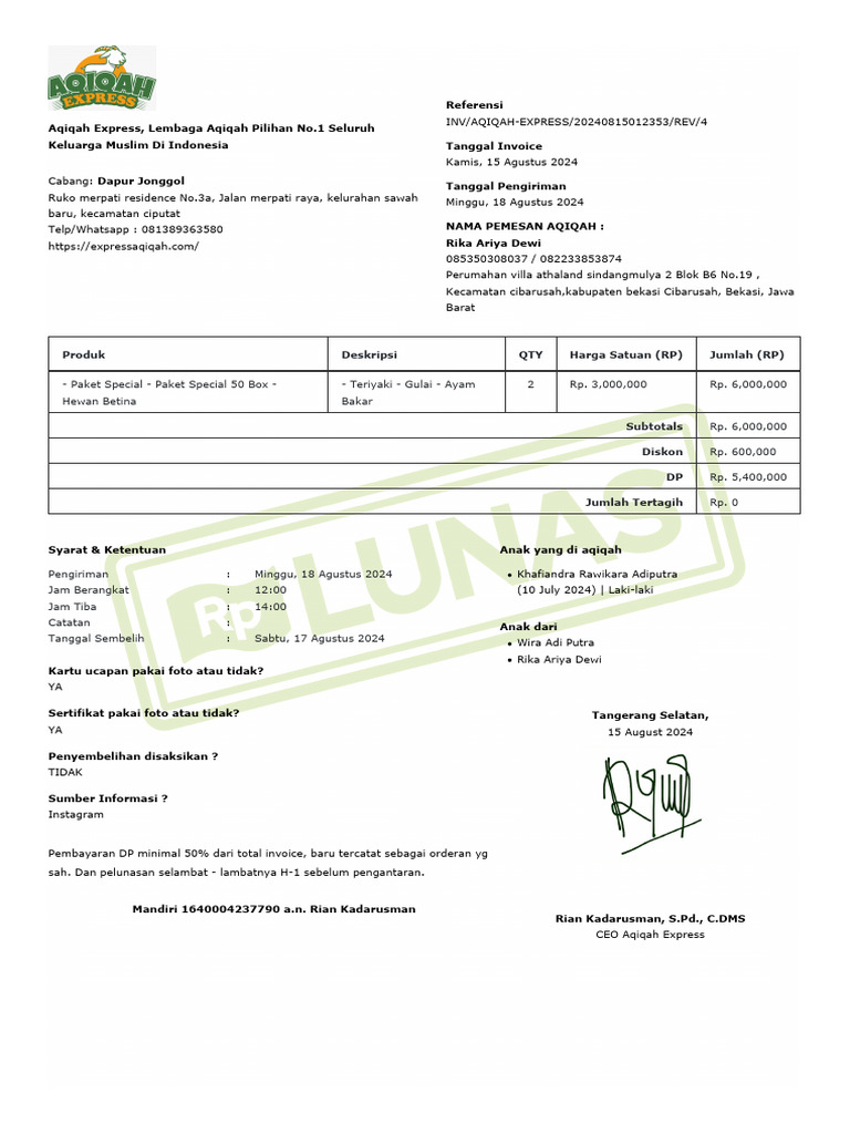 Pelunasan Invoice - Rika Ariya Dewi - Inv Aqiqah-Express 20240815012353 Rev 4 | PDF