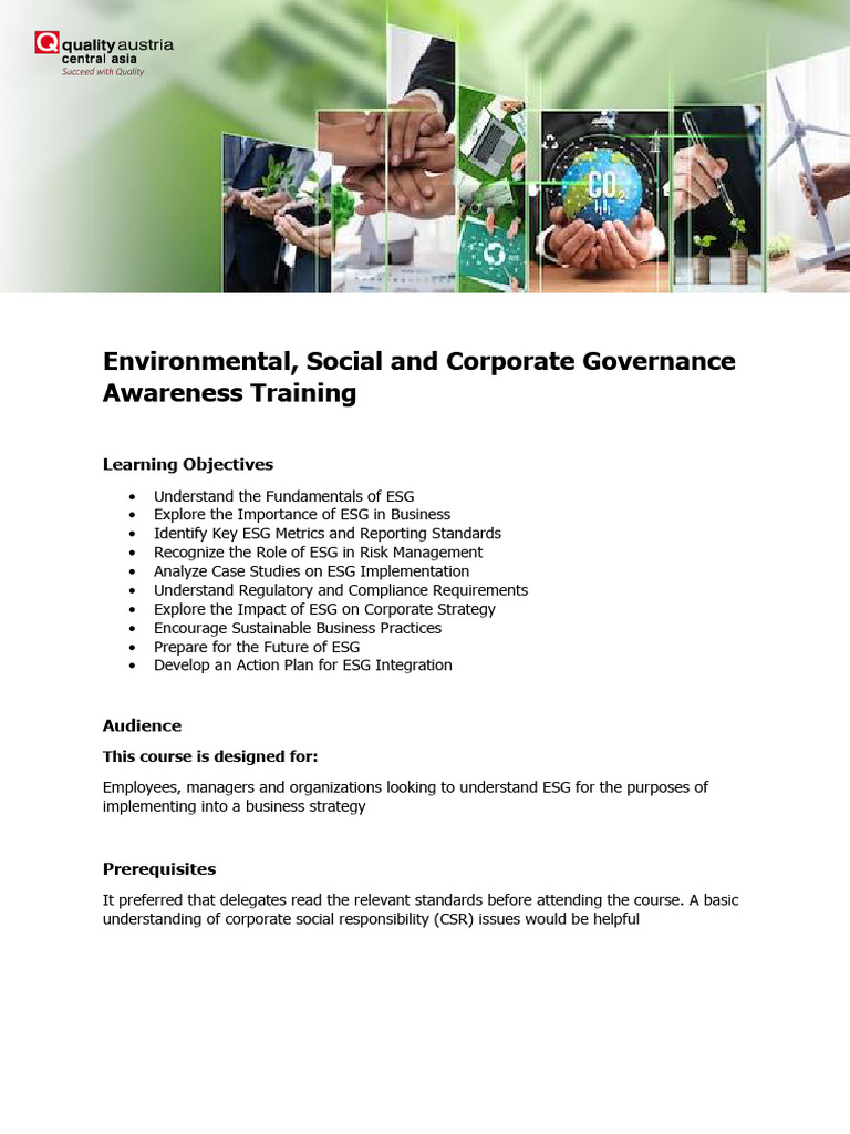 ESG Awareness Training Course - Quality Austria Central Asia | PDF
