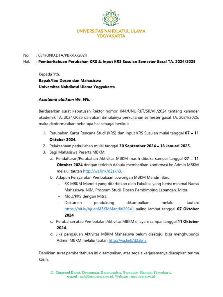 034-PBR-DTA-Perubahan KRS Dan KRS Susulan Sem Gasal 24-25 | PDF