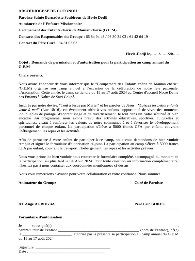 Demande de Permission Et D'autorisation Pour La Participation Au | PDF