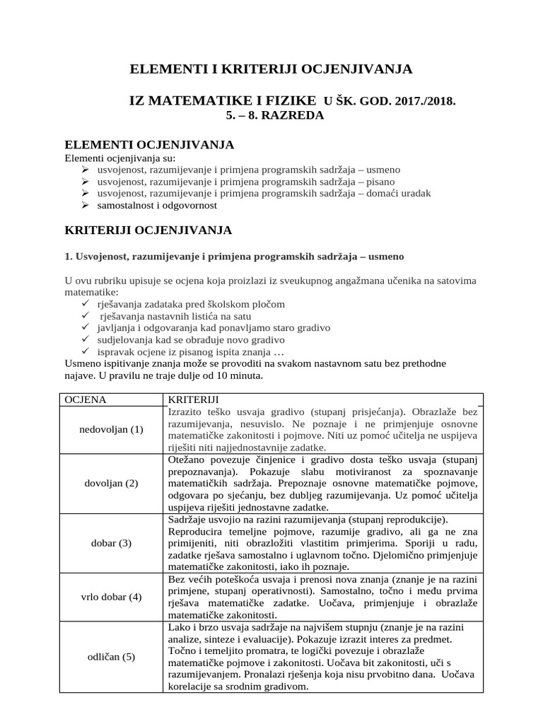 Kriteriji_ocjenjivanja,_matematika_i_fizika_ | PDF