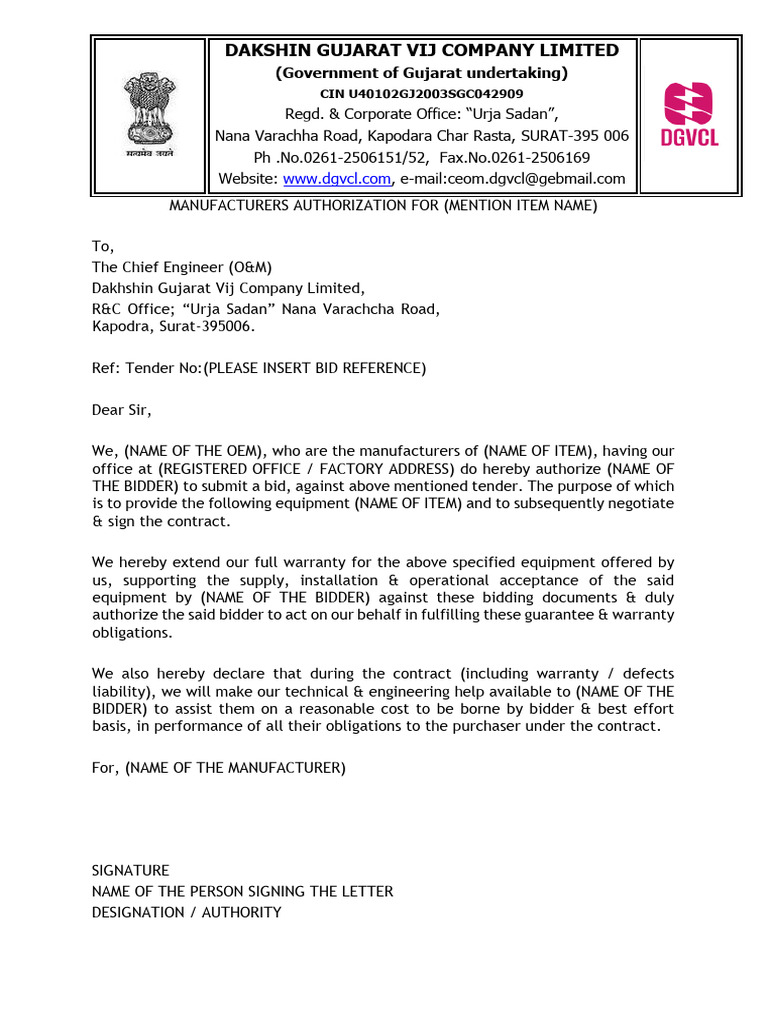 Format of Manufacturer Authorization Letter | PDF