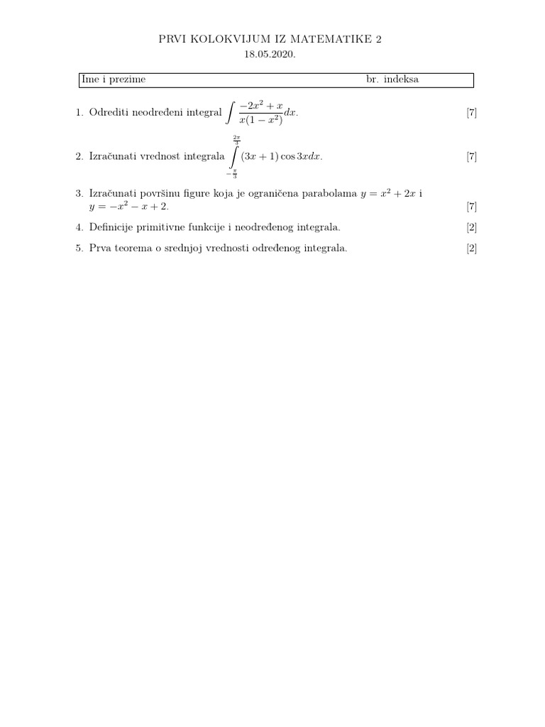 Mat2 - Prvi Kolokvijum2020 | PDF