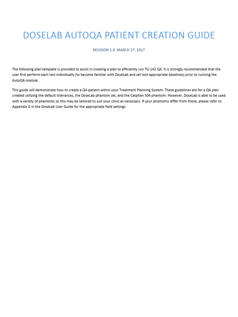 DoseLab AutoQA Patient Plan Guide - Manual Creation - Rev 1.0 | PDF