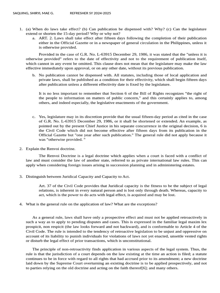 Saquing, Shiryl Mae G Civil Law Quiz | PDF