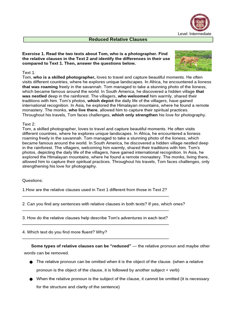 W5 - Material 9 - Reduced Relative Clauses - Student Worksheet | PDF