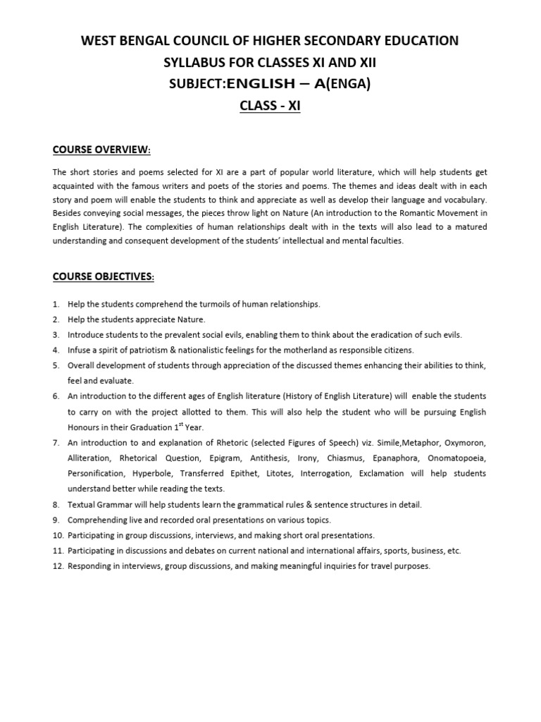 West Bengal Council of Higher Secondary Education Syllabus For Classes ...