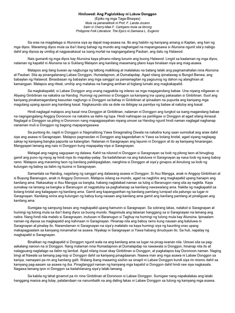 Hinilawod Paglalakbay Ni Labaw Donggon | PDF