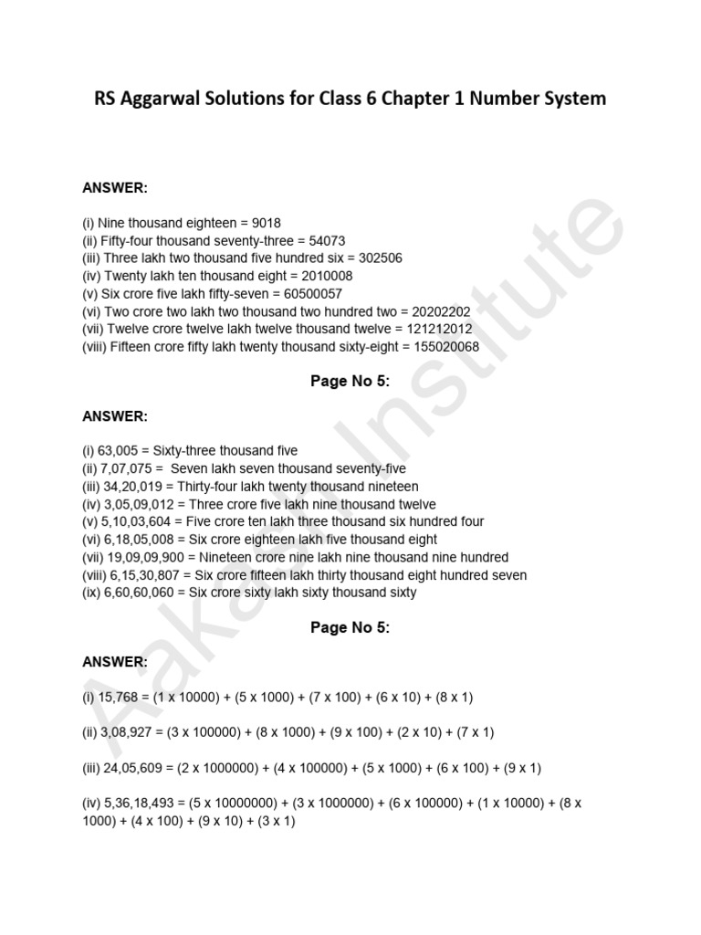 RS Aggarwal Solutions For Class 6 Chapter 1 Number System | PDF ...