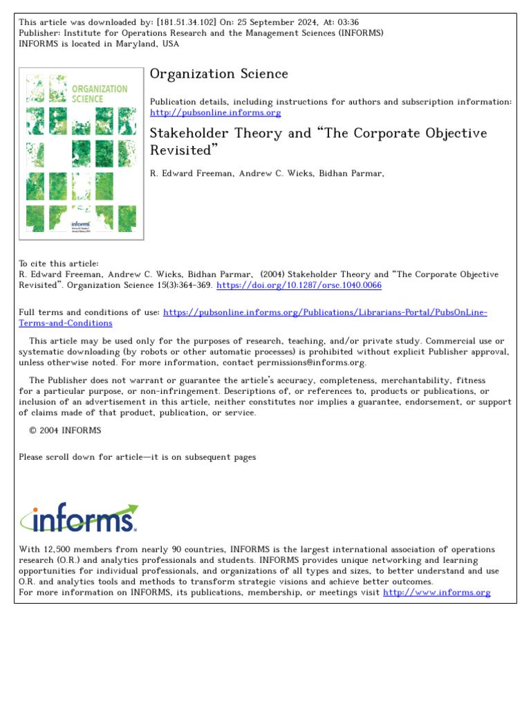 Freeman Et Al 2004 Stakeholder Theory And The Corporate Objective