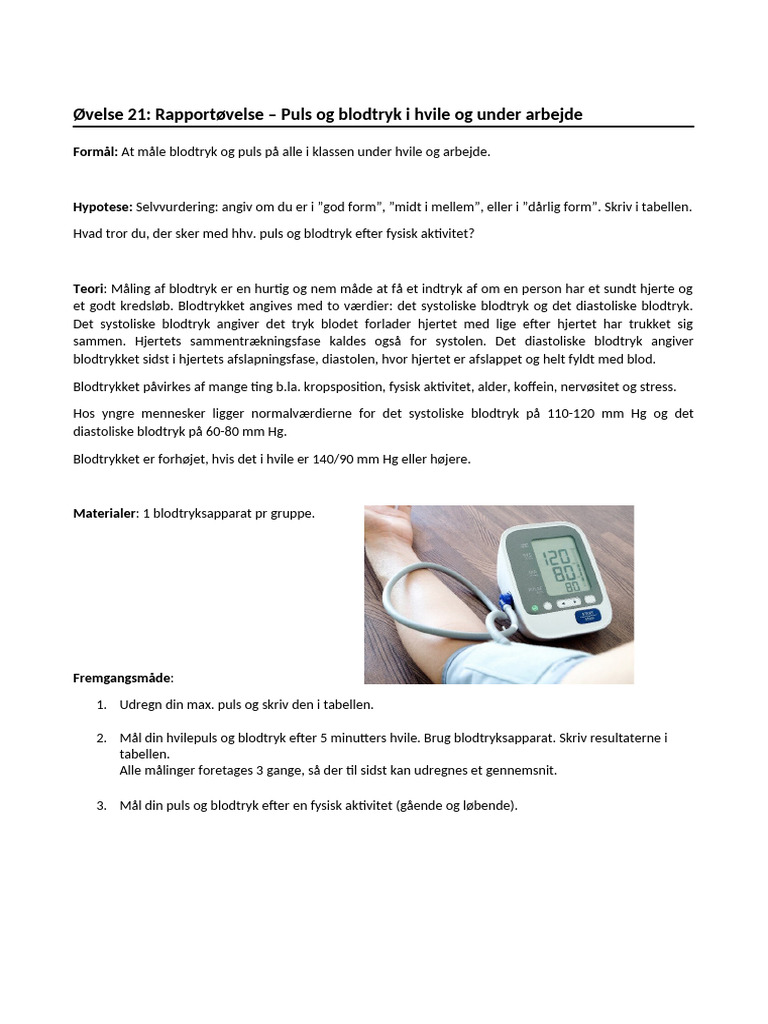 Øvelse 21 Puls Og Blodtryk | PDF