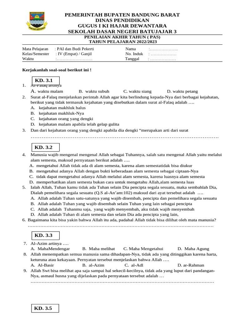 Soal Pas KLS 4 SMT 1 20 21 | PDF