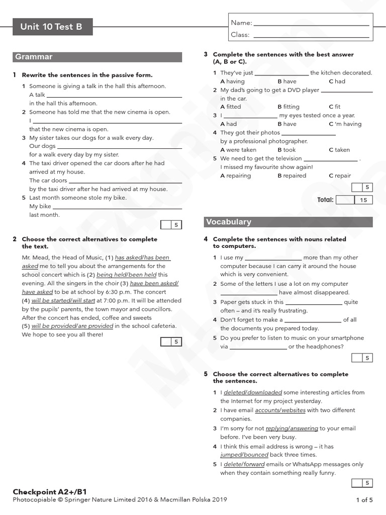 Checkpoint A2+ B1 Unit 10 Test B | PDF