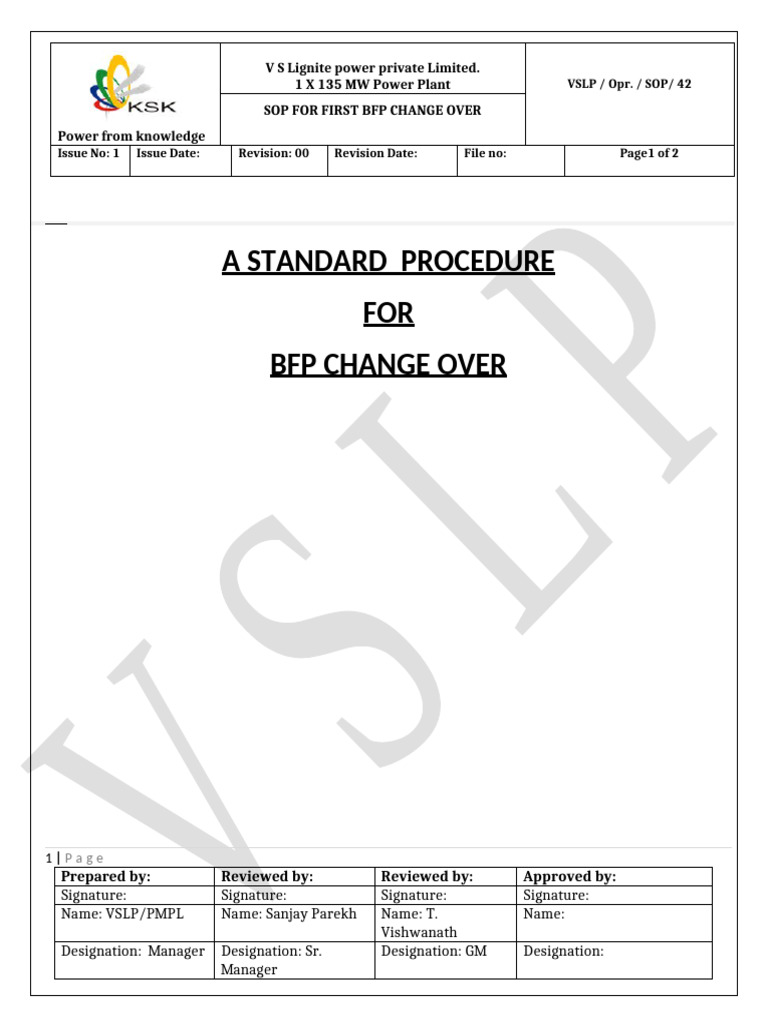 Sop Bfp Change Over New | PDF
