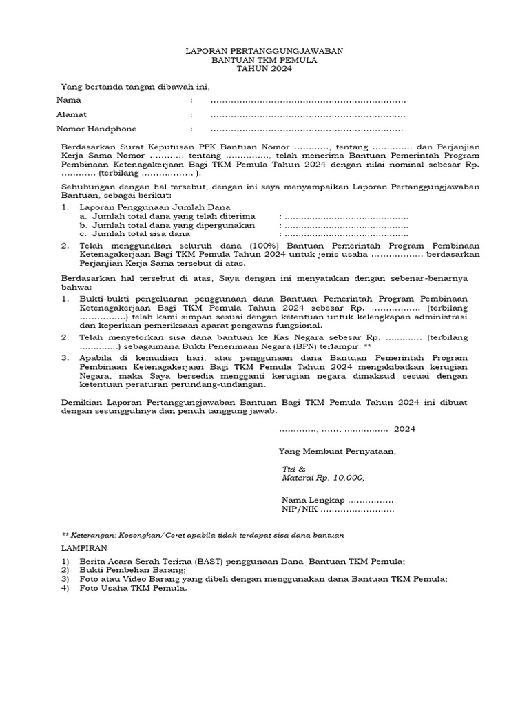 Format LPJ TKM Pemula Tahun 2024 | PDF