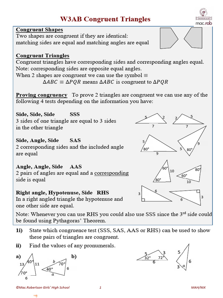 9ma W3AB Congruent Triangles | PDF