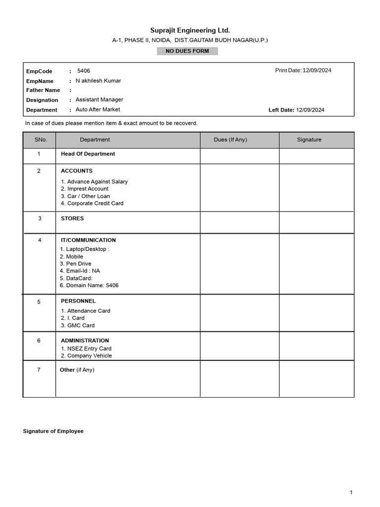 N Akhilesh Kumar - No Dues Form | PDF