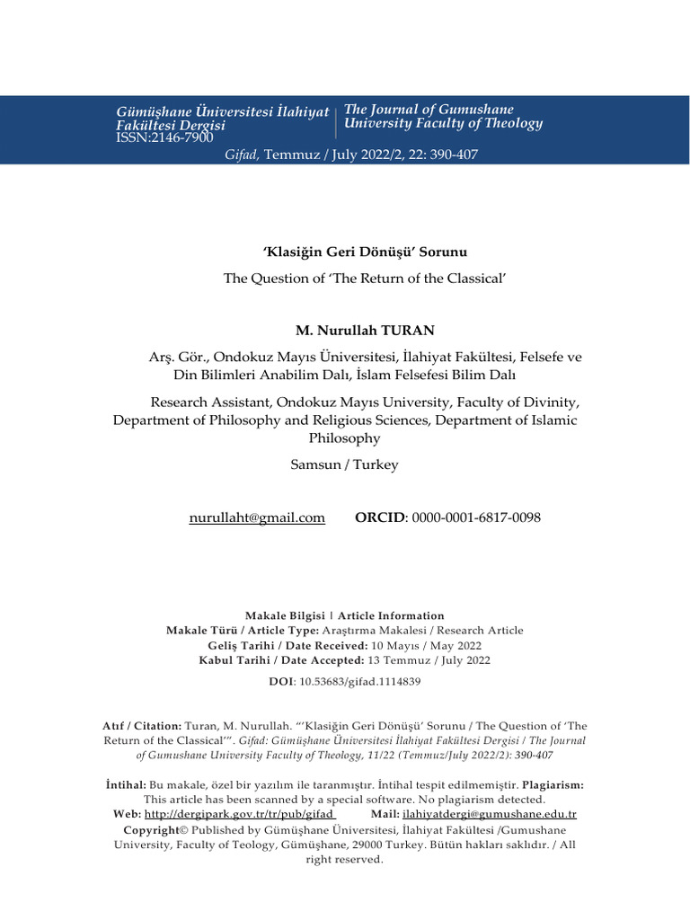 Klasiğin Geri Dönüşü' Sorunu Nurullah Turan | PDF