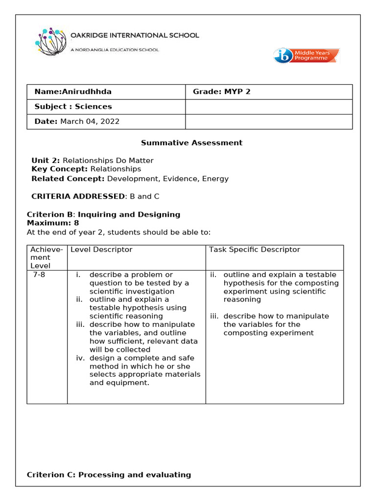 M2 - Science - Unit3 - SA - CRT B & C | PDF
