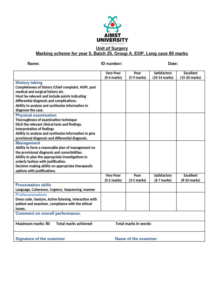Year 5, EOP Long Case Marking Scheme | PDF
