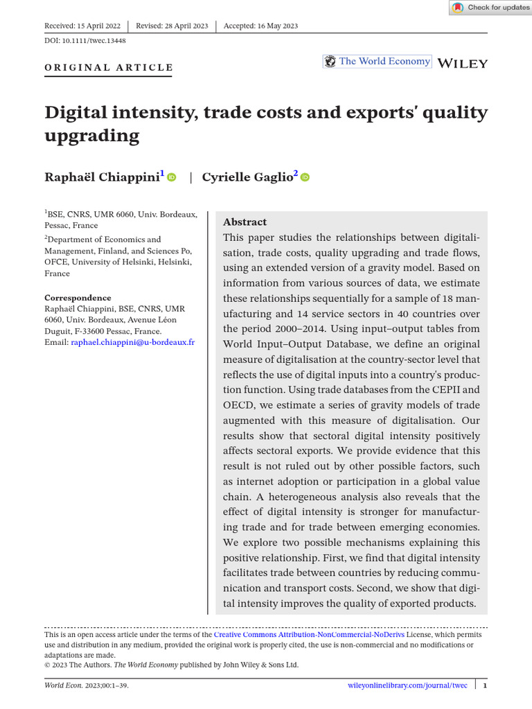 Digital Intensity, Trade Costs and Exports' Quality Upgrading | PDF