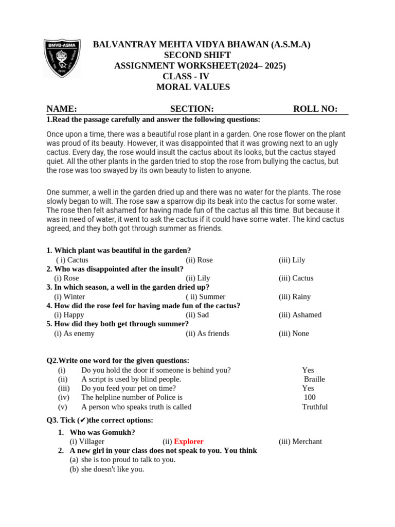 Class- 4 HY MV Assignment worksheet | PDF