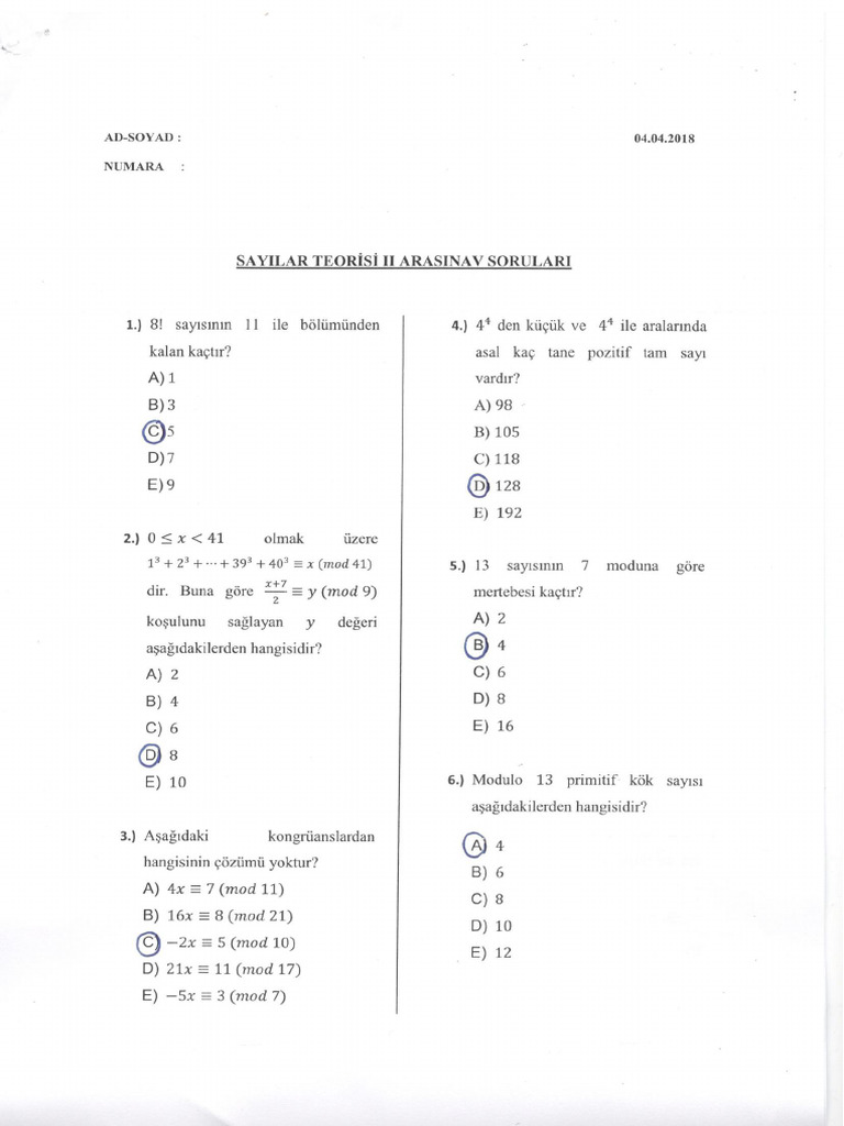 Sayılar Teorisi II Cevap Anahtarı | PDF