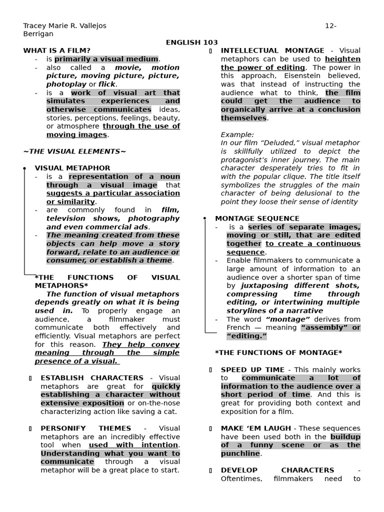 ENGLISH 103 VISUAL ELEMENTS OF FILM | PDF