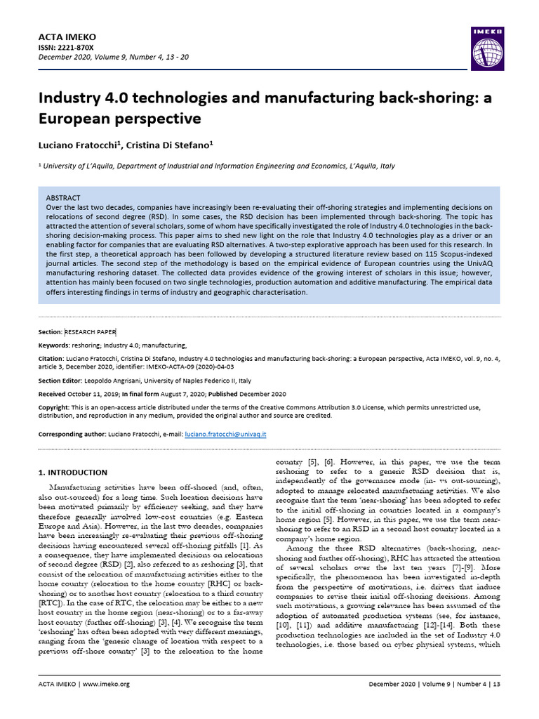 Industry 4.0 Technologies and Manufacturing Back-Shoring-Aeuropean ...