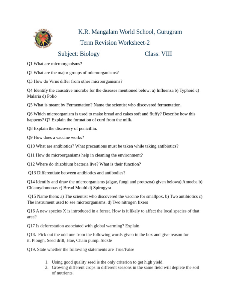 Term 1 Revision Worksheet 2 | PDF | Microorganism | Science & Mathematics