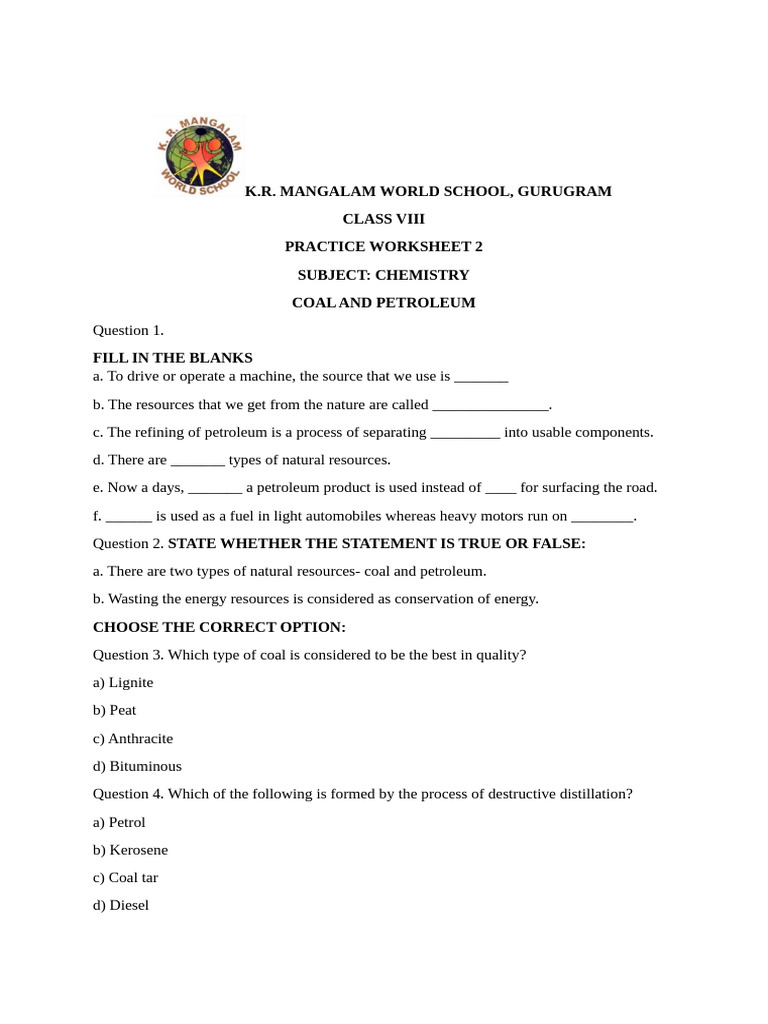 Coal and Petroleum Worksheet 2 | PDF | Petroleum | Coal